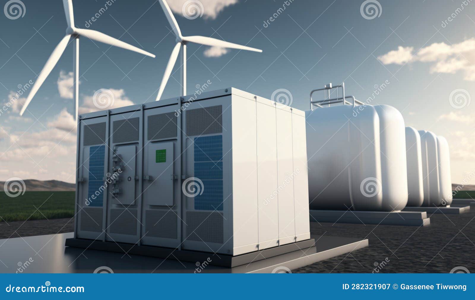 Image of a Hydrogen Storage Tank on a Hill with Turbines and Solar ...