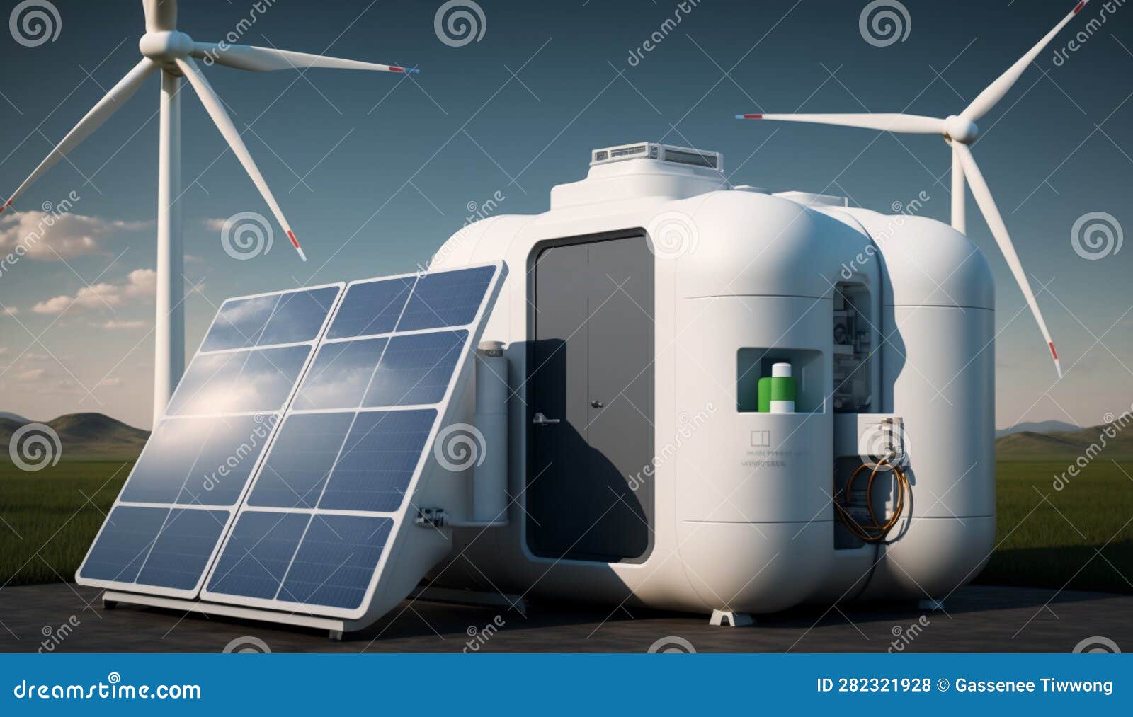 Image of a Hydrogen Storage Tank on a Hill with Turbines and Solar ...