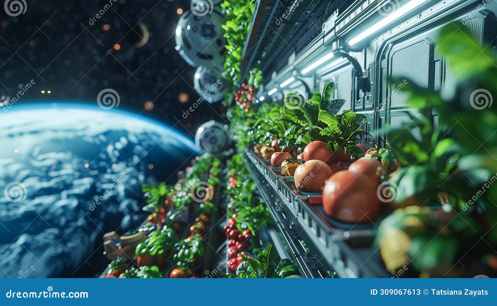 Hydroponic Farm in a Space Station Orbiting Earth. Fresh Vegetables in ...