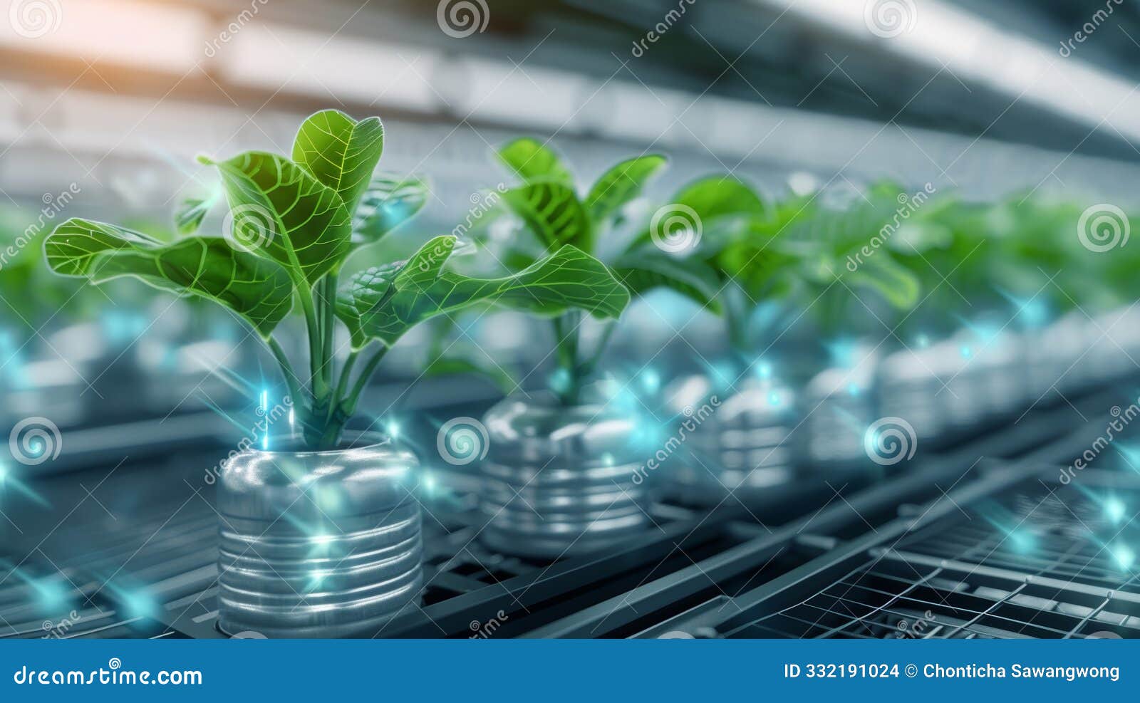 Hydroponic Farming with Rows of Plants Growing Under Artificial Light ...