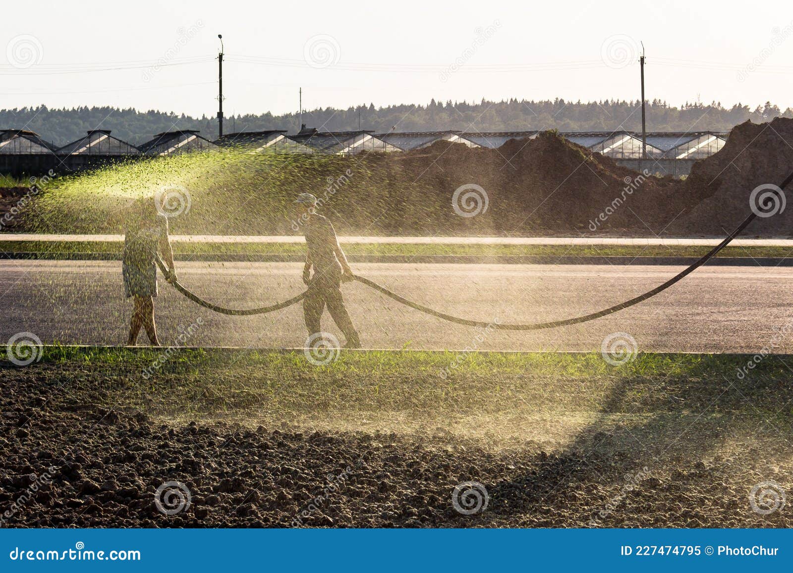 Hydroseeding a liquid lawn stock image. Image of workers - 227474795