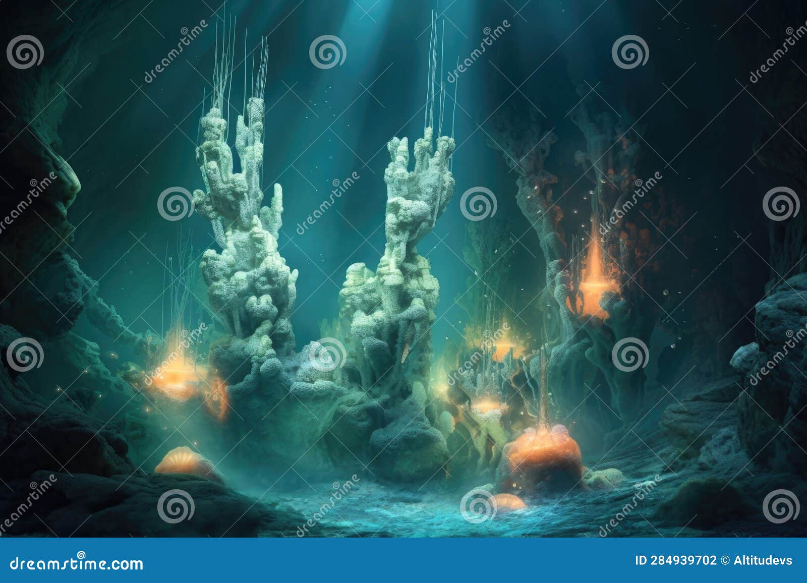 Hydrothermal Vent with Bioluminescent Creatures Stock Illustration ...