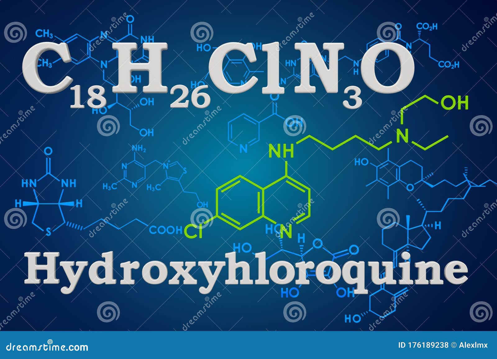 Hydroxychloroquine. Chemical Formula of HCQ, Molecular Structure. 3D ...