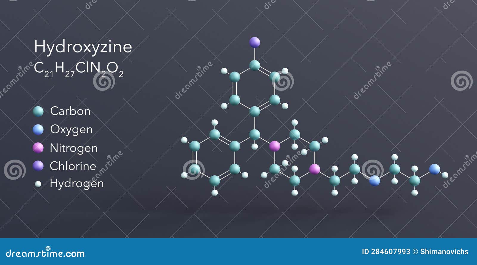 Hydroxyzine Molecule 3d Rendering Flat Molecular Structure With