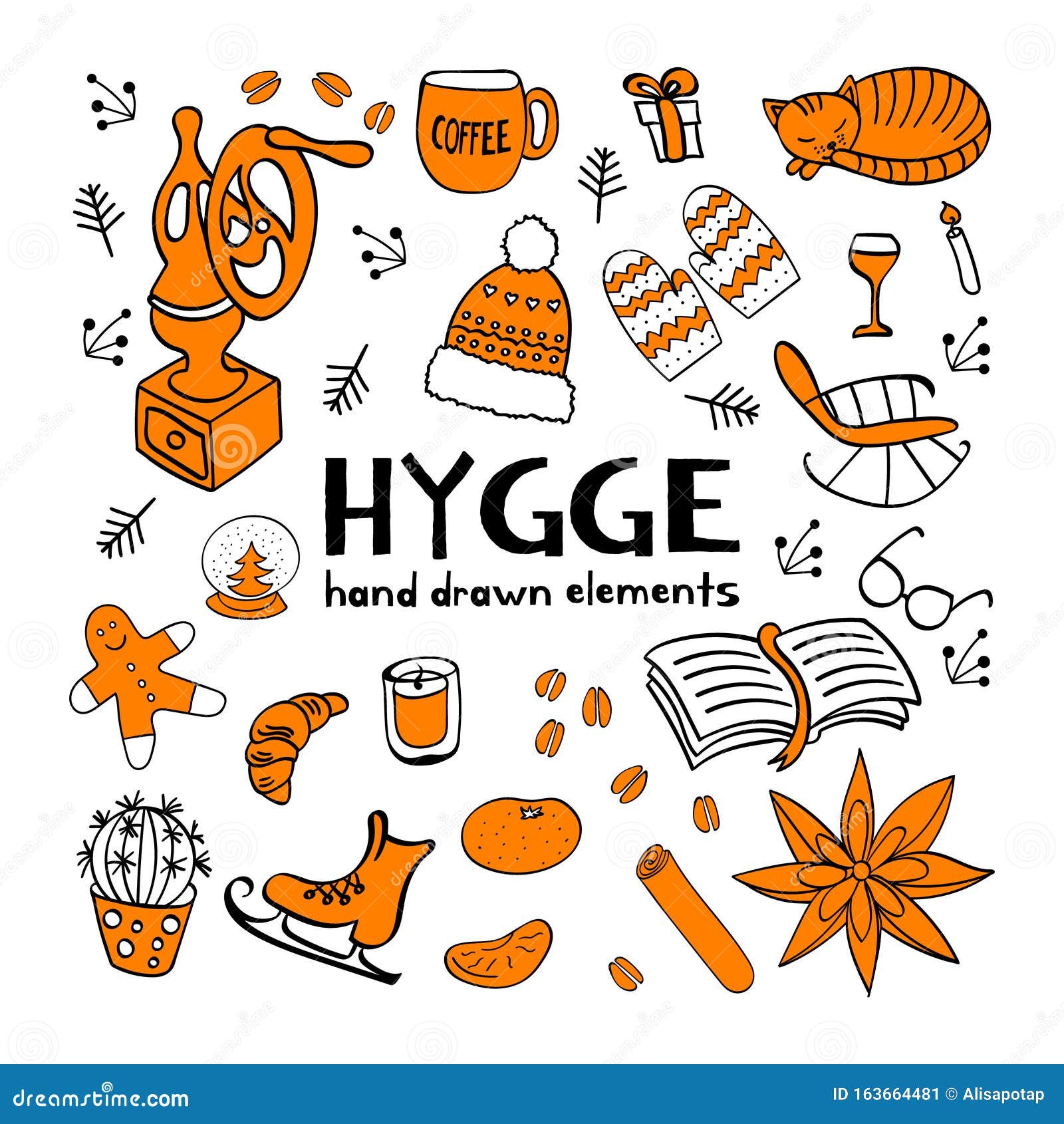 Hygge hand drawn elements stock vector. Illustration of hand - 163664481