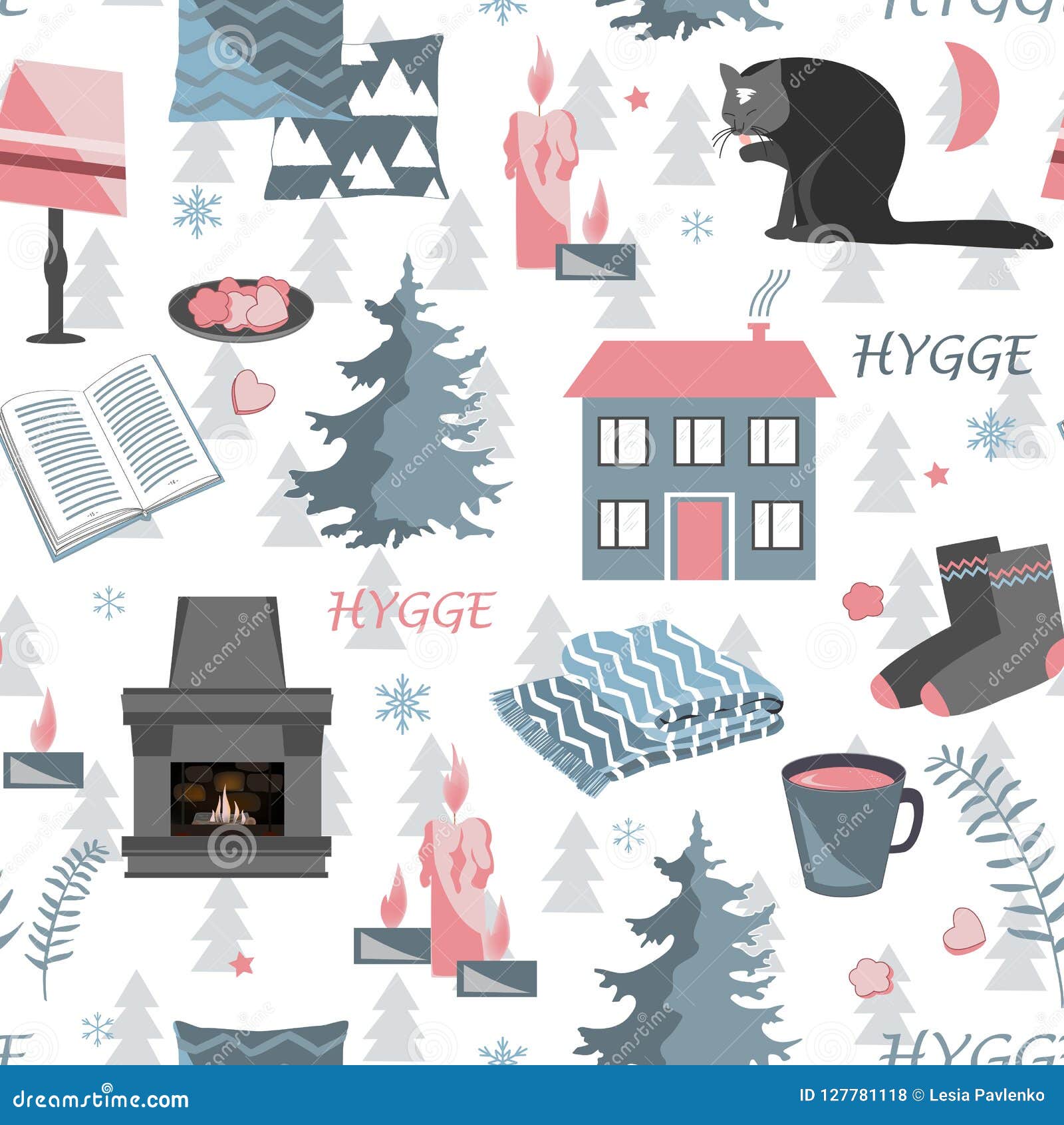 Hygge Seamless Pattern. Vector Illustration with Forest Plants and Cozy ...