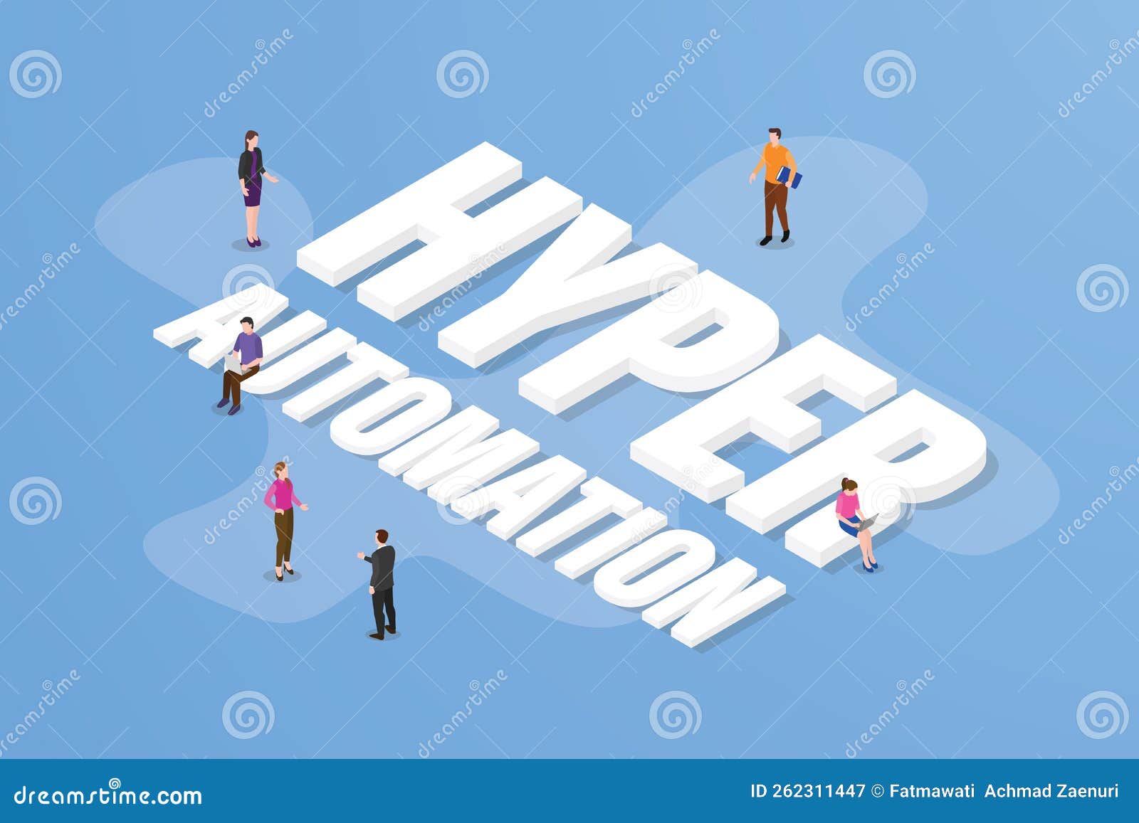 Hyper Automation Big Text Word and People Around with Modern Isometric ...