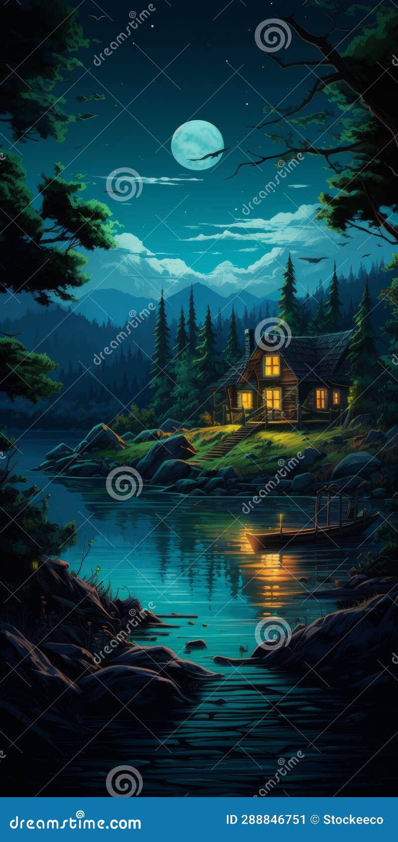 Hyper-detailed Illustration Of A Cabin On A Lake Under The Night Sky ...