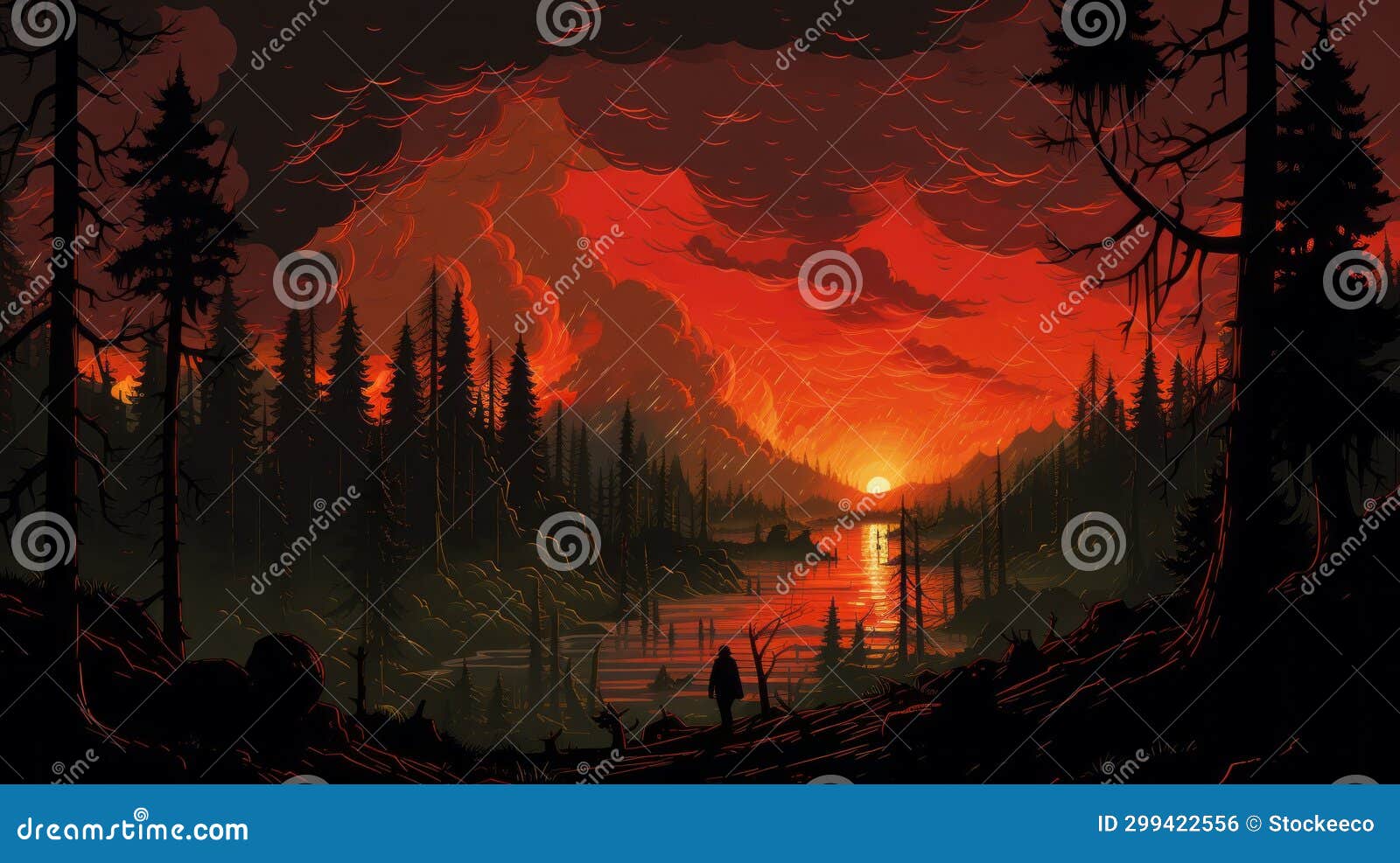 Hyper-detailed Illustration of a Foreboding Red Sunset in a Forest ...