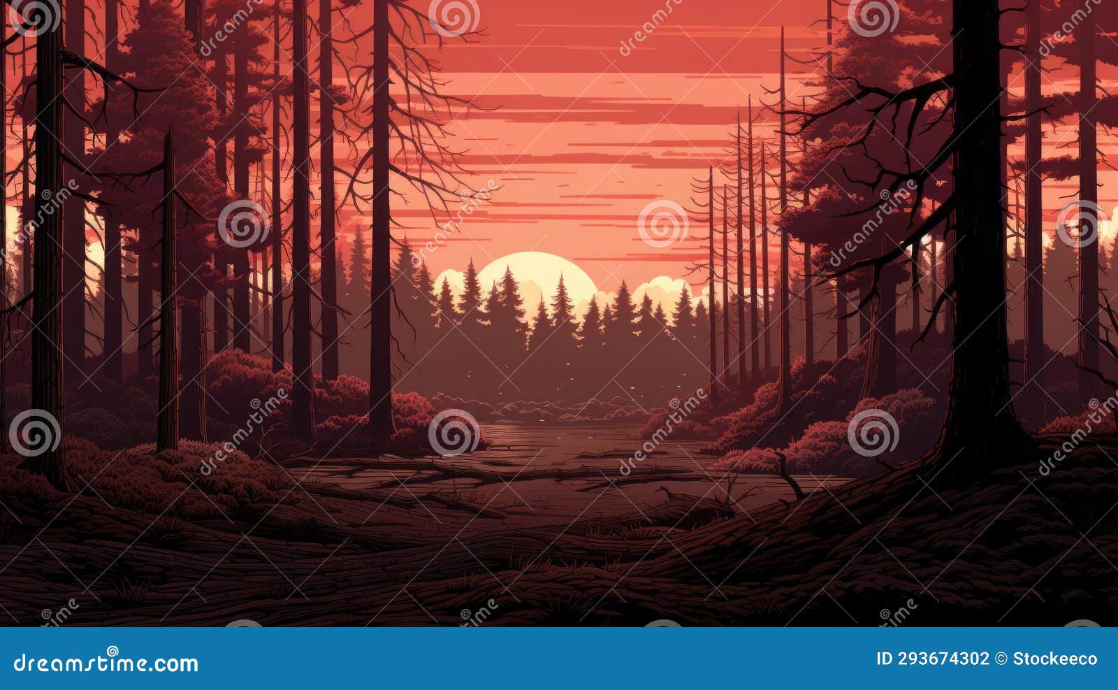 Hyper-detailed Illustration of a Tranquil Cedar Forest at Sunset Stock ...