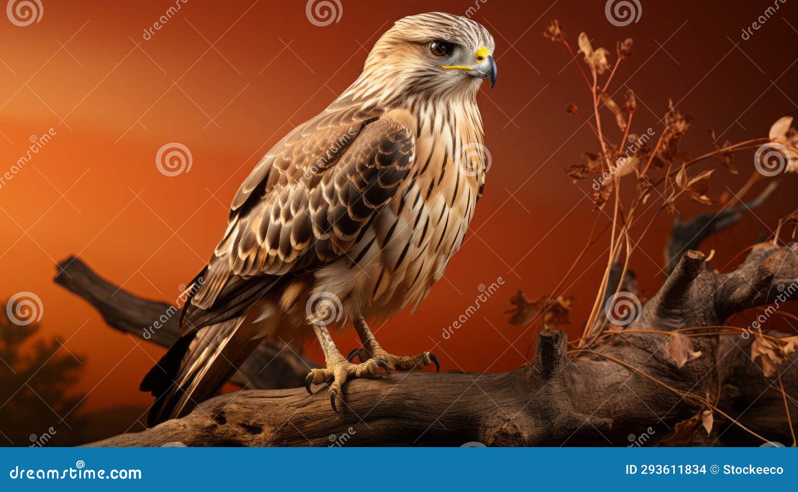 Hyper-detailed Rendering of a Brown Hawk Perched on a Tree Branch Stock ...