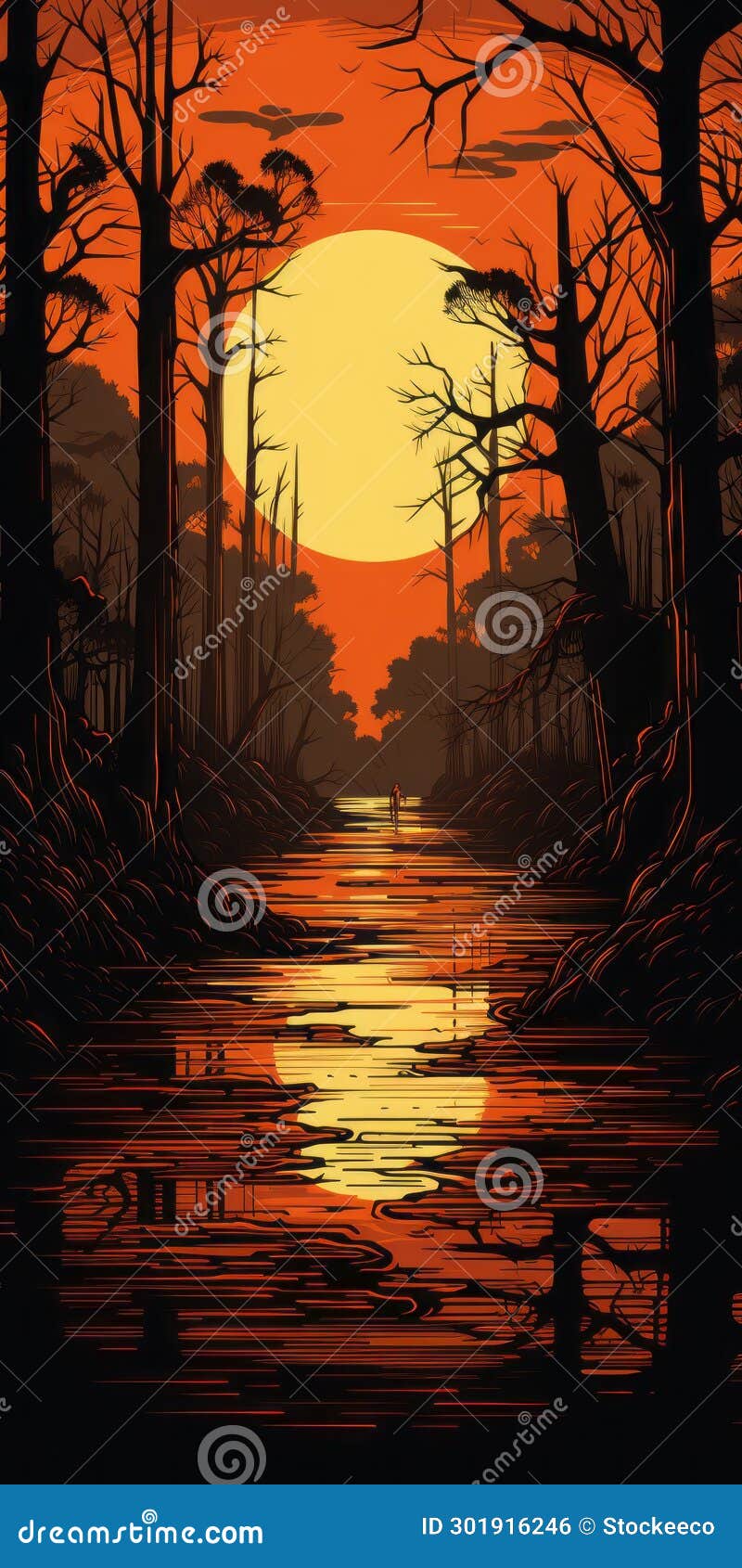 Hyper-detailed Tree Swamp Sunset Artwork in Dark Red and Dark Amber ...