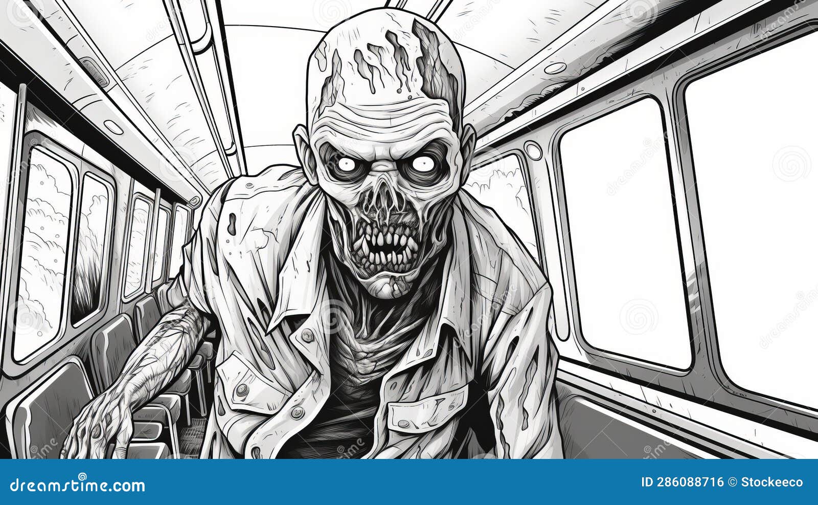 Detailed Line Art of a Zombie Riding the Subway Stock Illustration ...