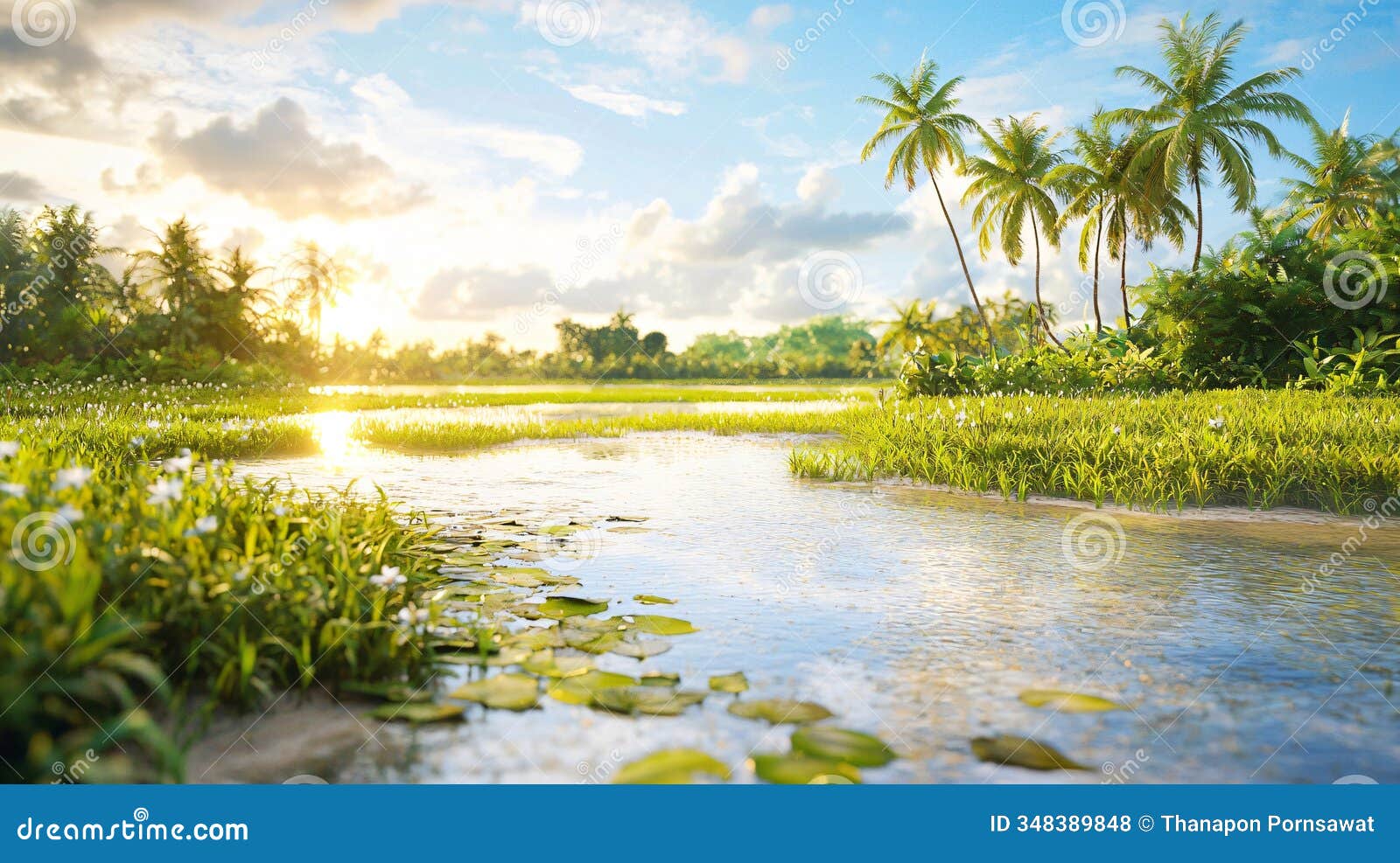 Serene Tropical Sunset Palm Trees Water Lush Greenery AI Generated ...