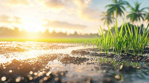 Lush Green Rice Paddy Field at Sunset Irrigation Agriculture AI ...