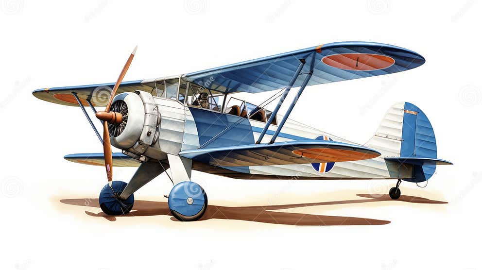 Hyper-realistic Blue and White Biplane Illustration on White Background ...