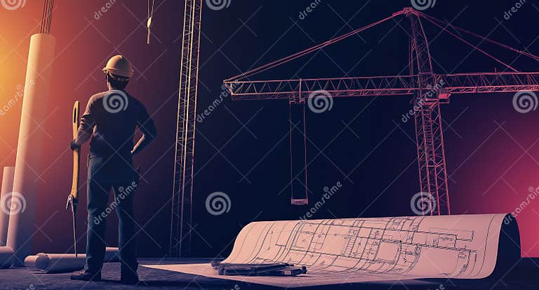 Hyper-Realistic Construction Site Advertisement with Blueprints and Cranes Stock Illustration ...