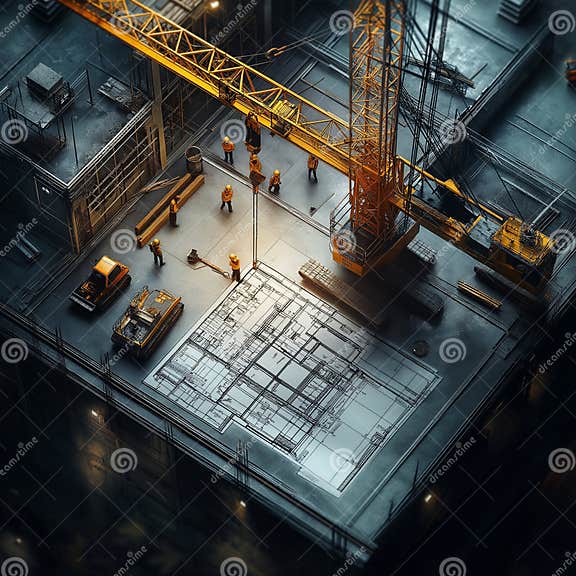 Hyper-Realistic Construction Site Advertisement with Blueprints and ...