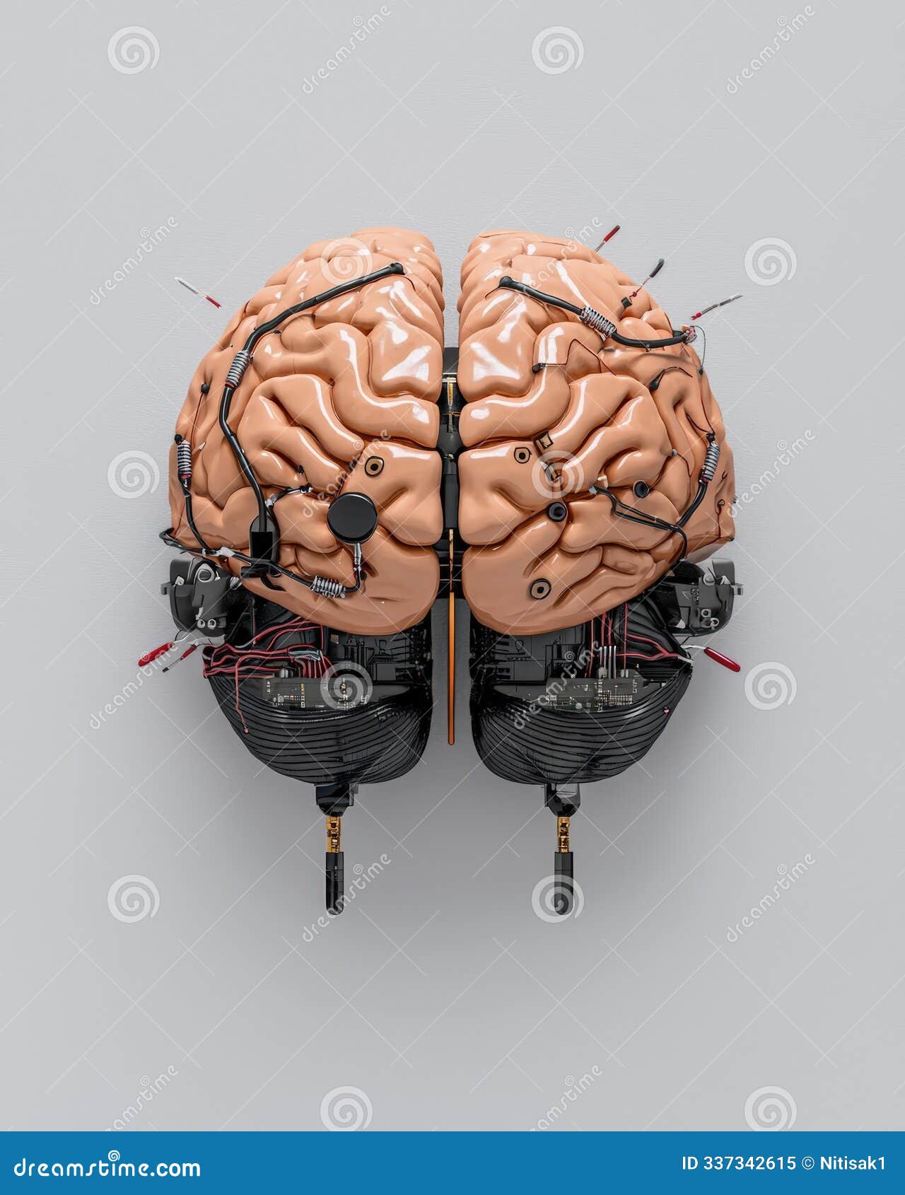 A Hyperrealistic Depiction of a Brain with Mechanical and Electronic ...