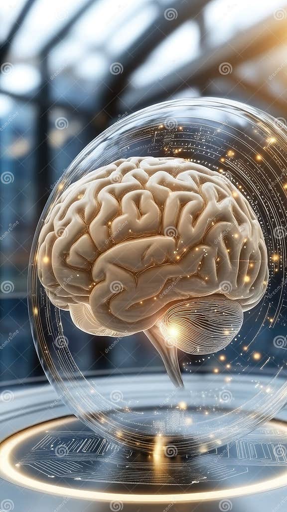 A Hyper-realistic Digital Brain Illuminated by Glowing Lights on a ...