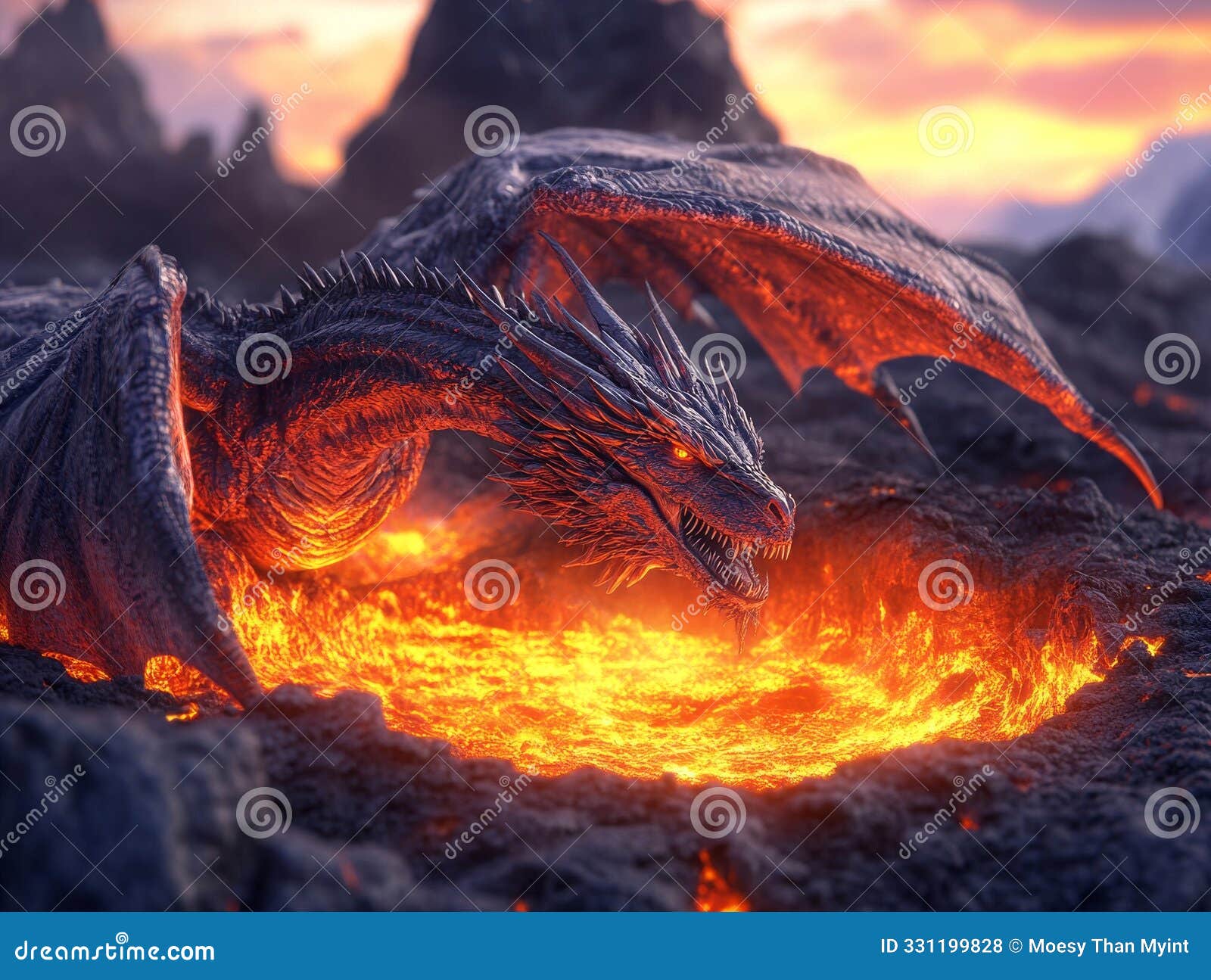 Hyper Realistic Dragon Emerging from Volcanic Crater Stock Illustration ...