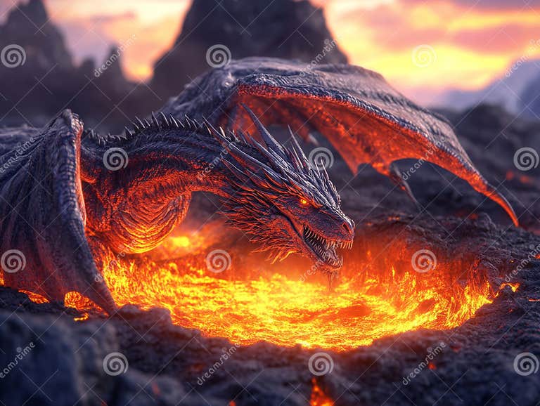 Hyper Realistic Dragon Emerging from Volcanic Crater Stock Illustration ...