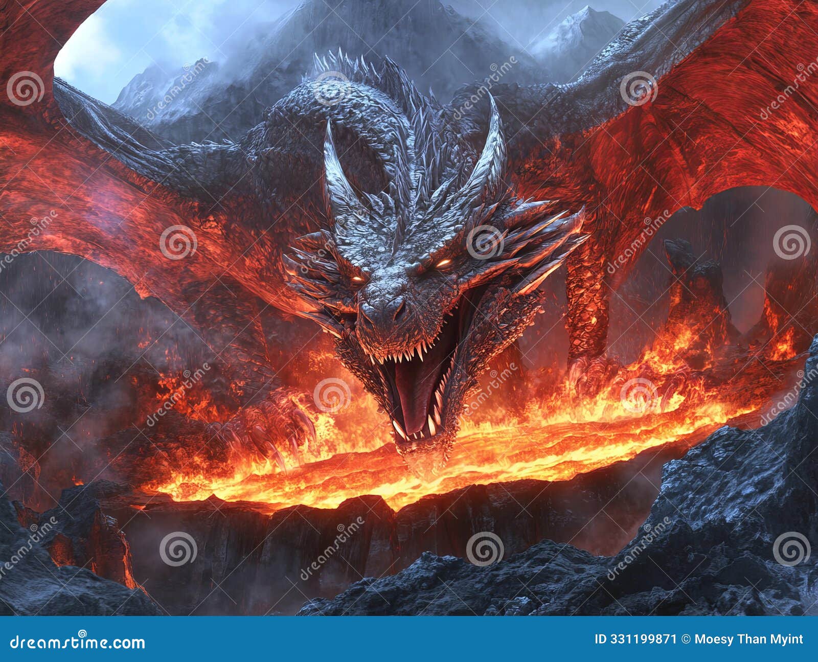 Hyper Realistic Dragon Emerging from Volcanic Crater Stock Illustration ...