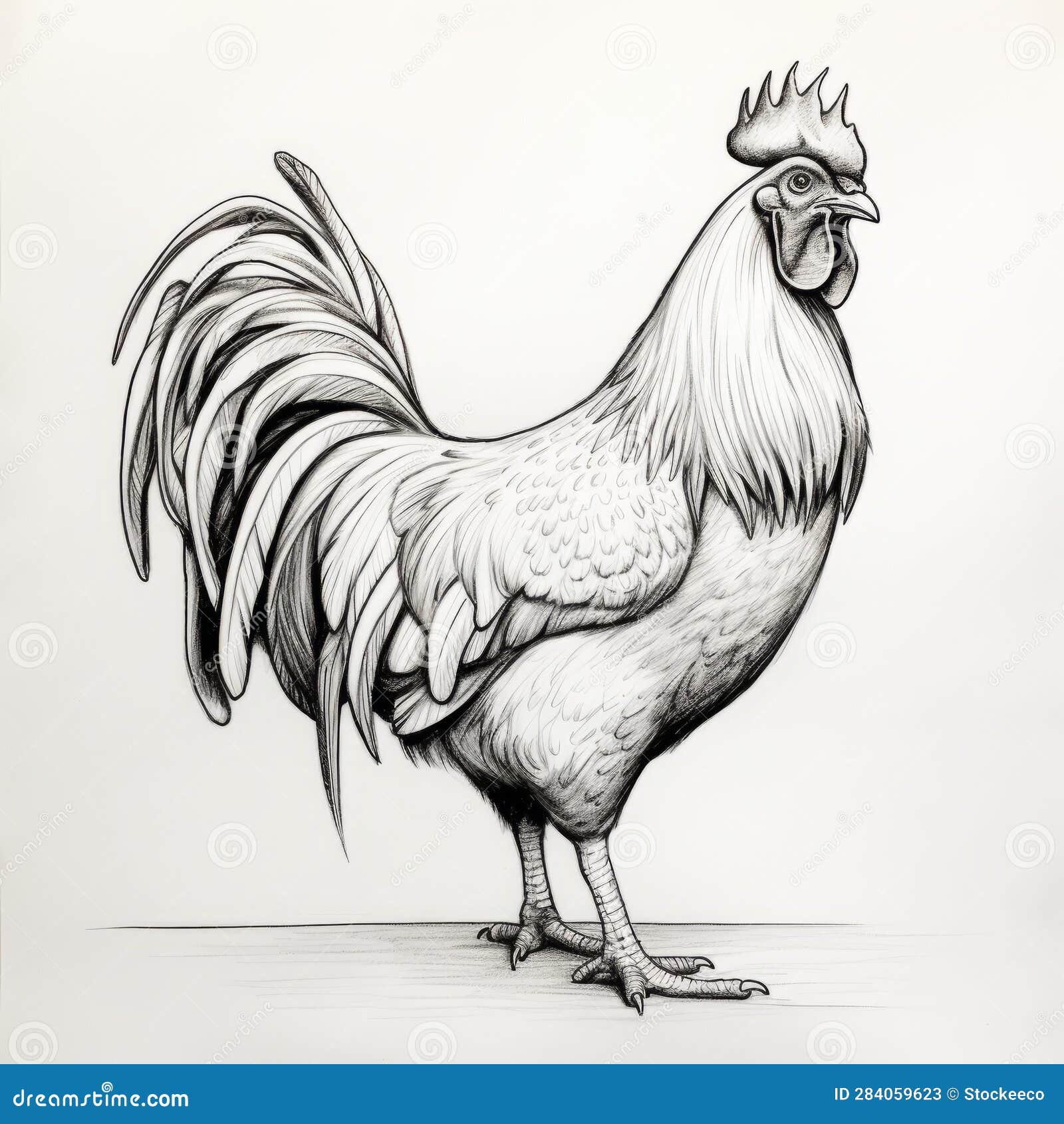 Realistic Black and White Rooster Drawing on White Background Stock ...