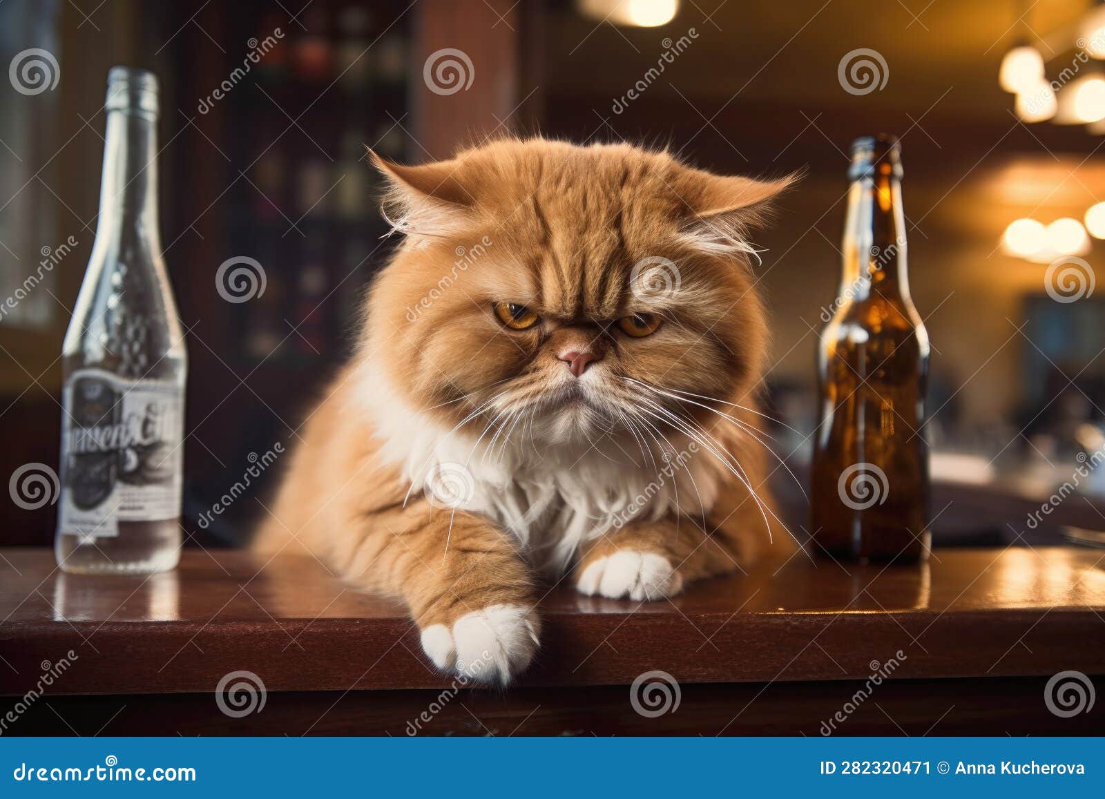 Hyper-realistic Gloomy Ginger Cat at a Bar Counter with Two Empty ...