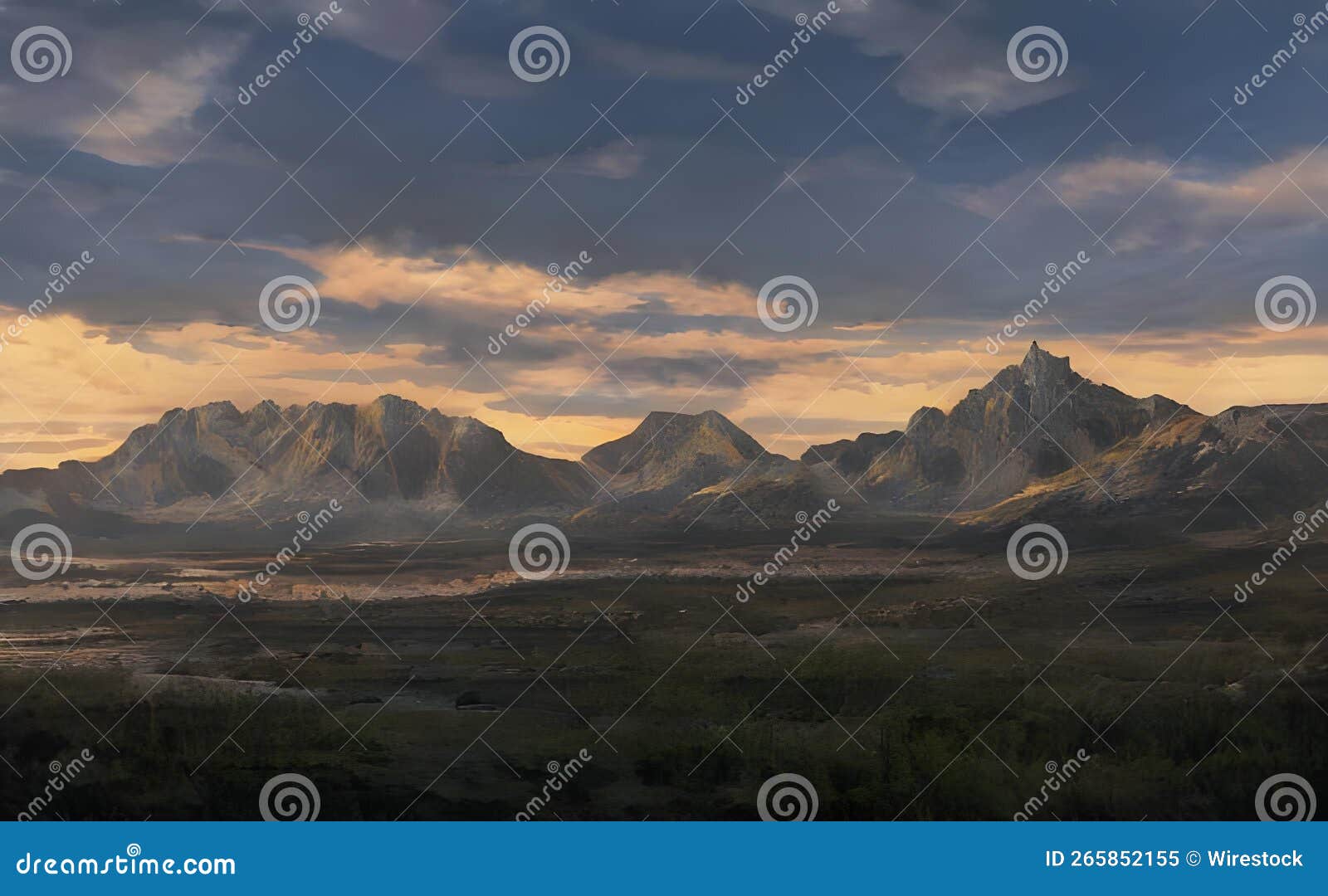 Hyper-realistic Illustration of Green Meadow River and Mountains with ...