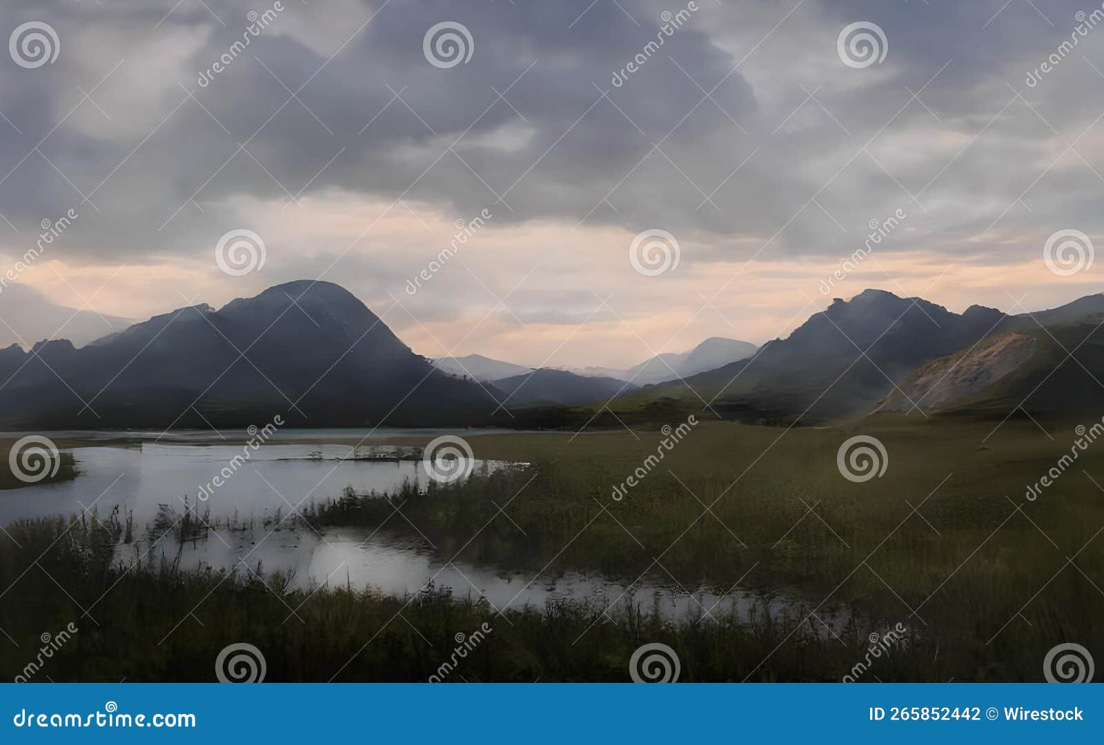 Hyper-realistic Illustration of a Green Meadow River and Mountains with ...