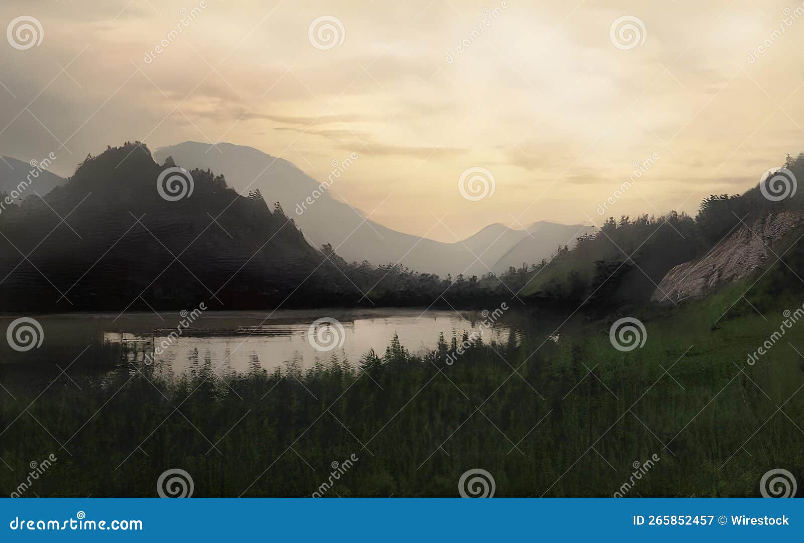 Hyper-realistic Illustration of a Green Meadow River and Mountains with ...