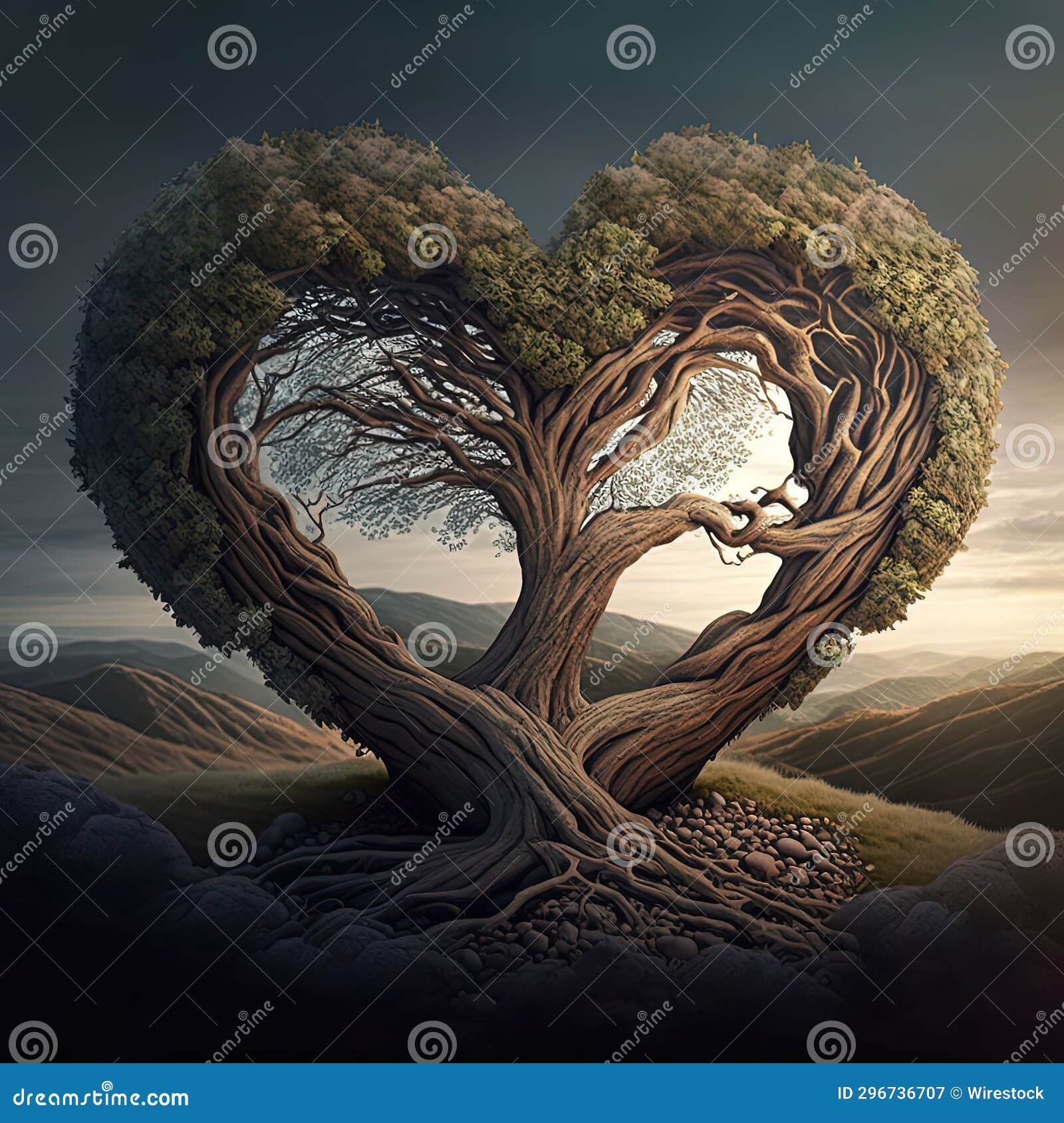 Hyper-realistic Illustration of a Heart-shaped Tree with Hills in the ...