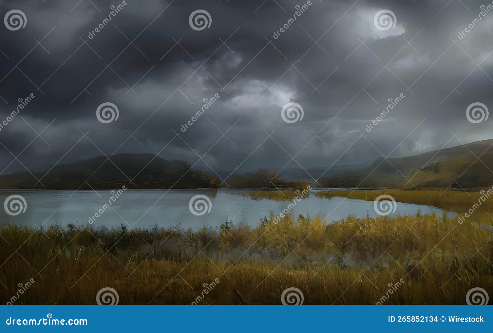 Hyper-realistic Illustration of a Lake Surrounded with Green Grass Under Gray Cloudy Sky Stock ...