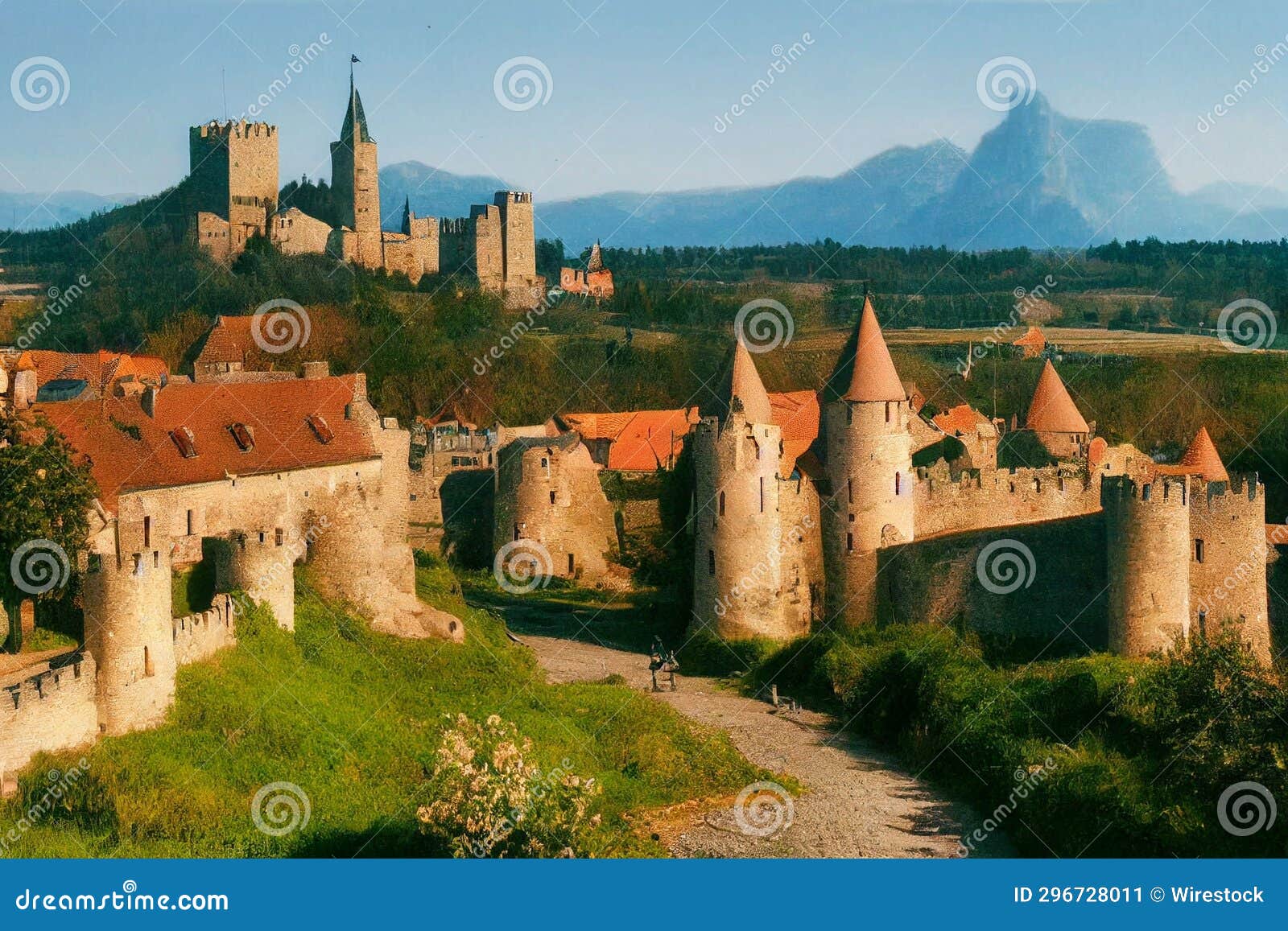 Hyper-realistic Illustration of a Medieval Village with Ancient Castles ...