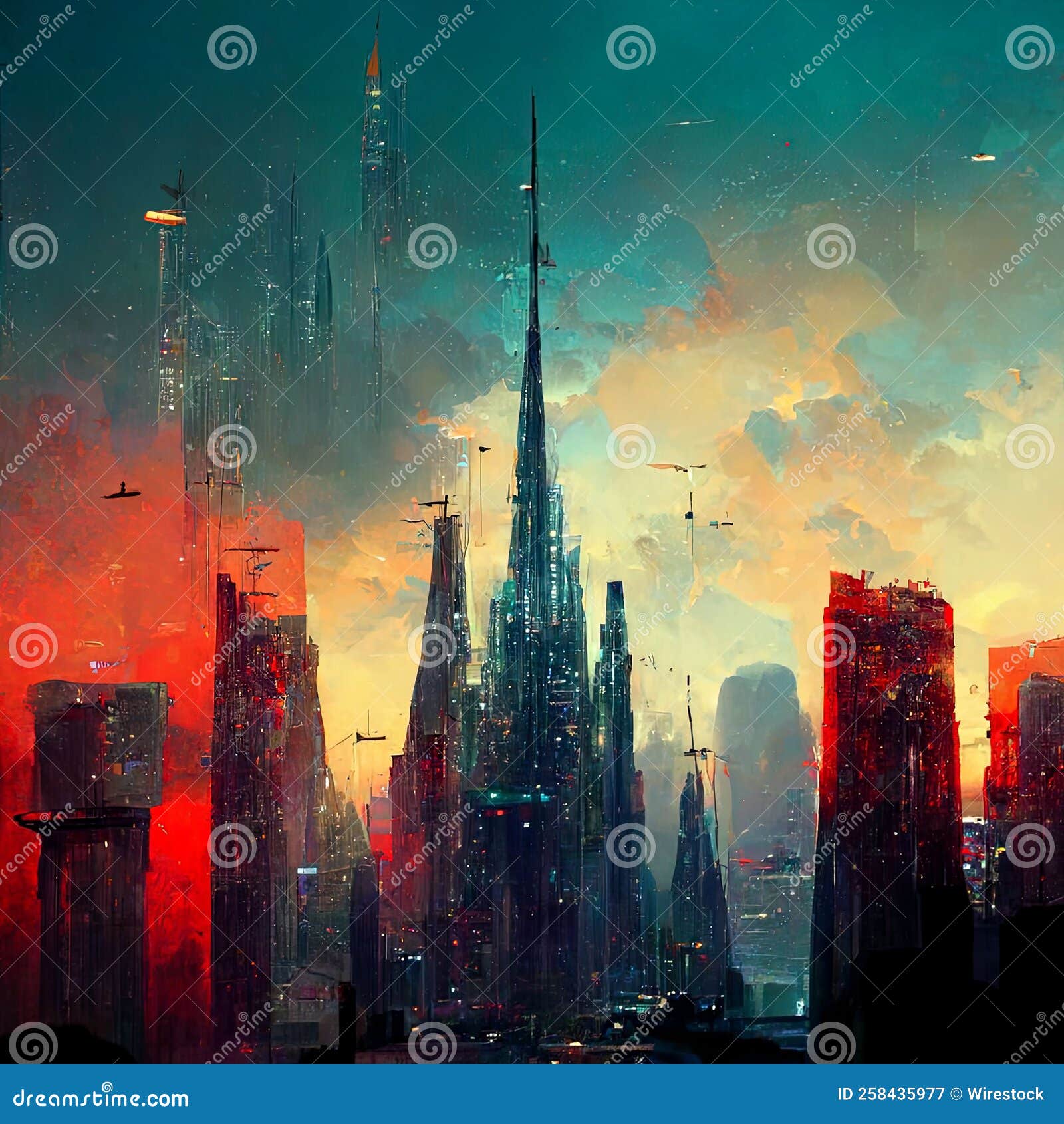 Hyper-realistic Illustration of Modern Skyscrapers Against a Cloudy Sky ...