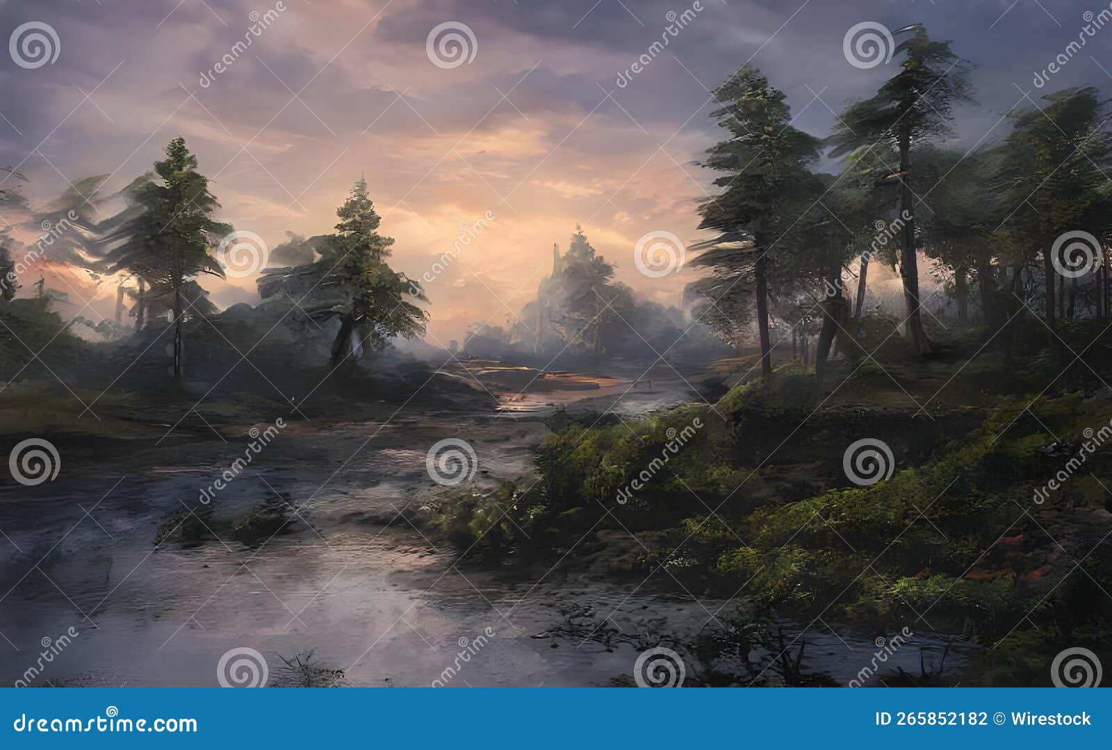 Hyper-realistic Illustration of a River Flowing through Forest at Dusk ...