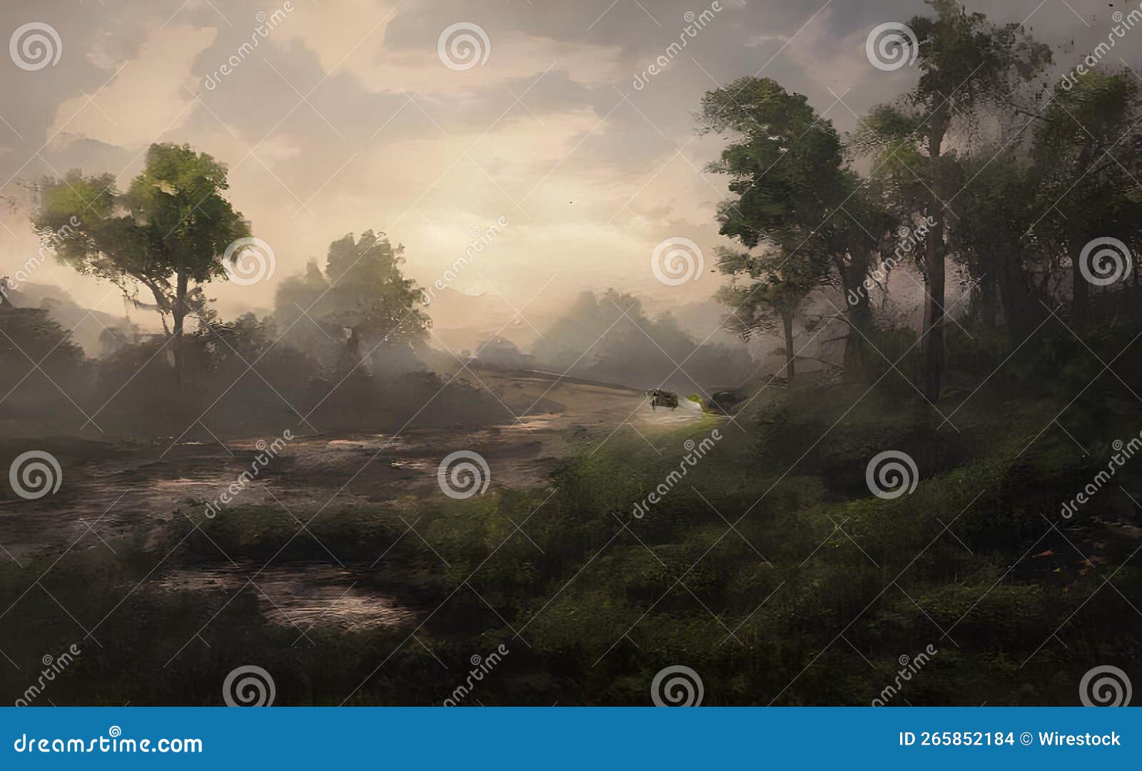 Hyper-realistic Illustration of a River Flowing through Forest at Dusk ...