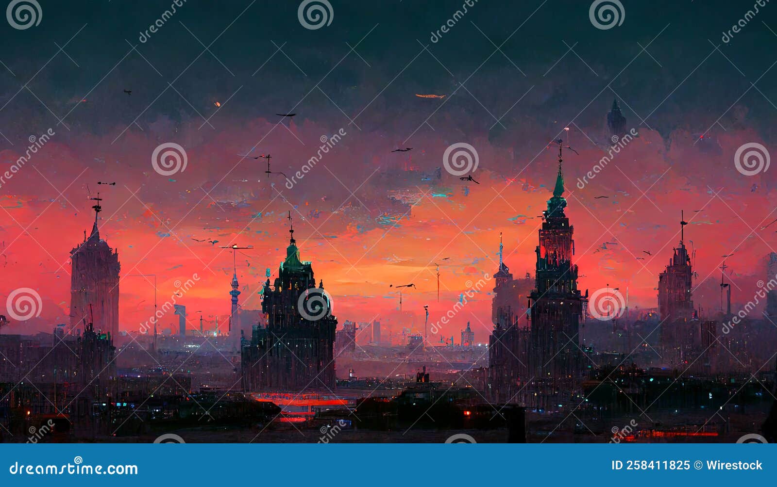 Hyper-realistic Illustration of a Town Under a Reddish Sky. Stock ...