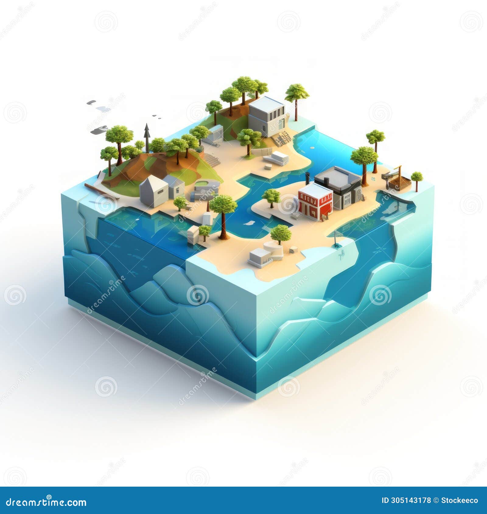 Hyper-realistic Isometric Island with Ocean on White Background Stock ...
