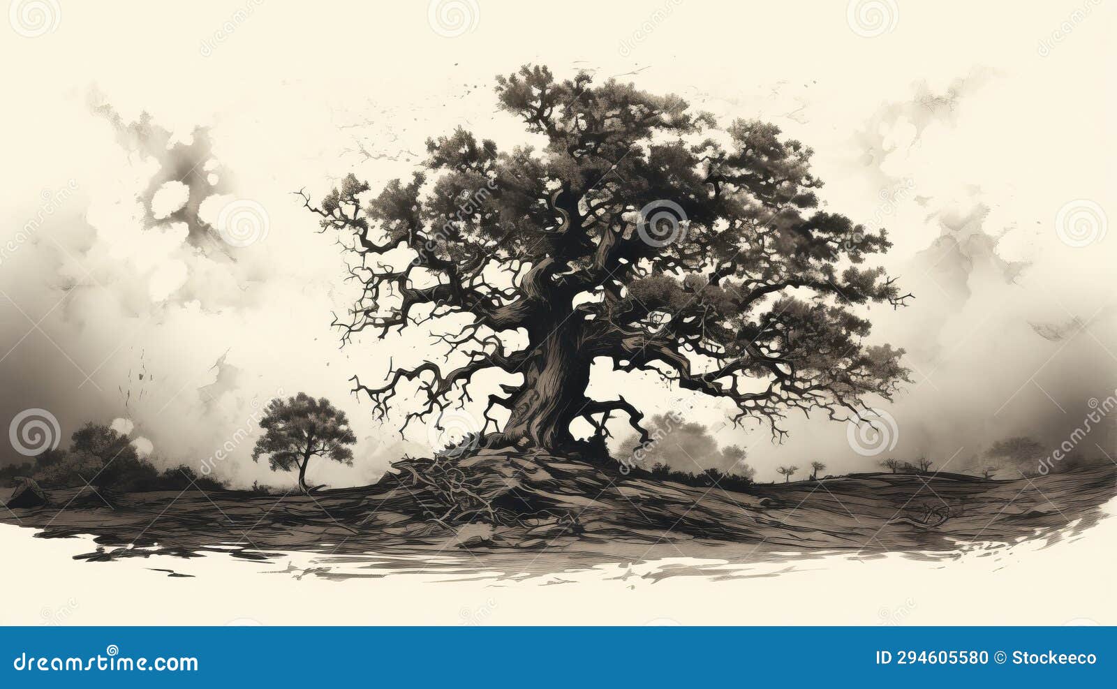 Hyper-realistic Lithography: Majestic Tree on Hillside Stock ...