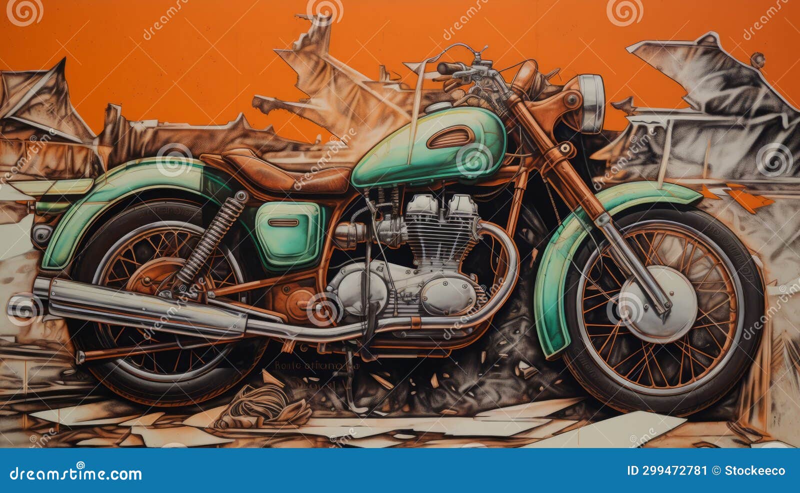 Hyper-realistic Motorcycle Graffiti with Dark Orange and Light Emerald ...