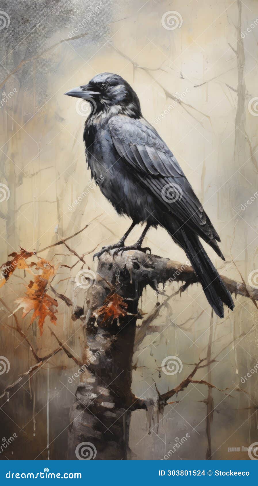 Hyper-realistic Raven Painting in Autumn Landscape Stock Illustration ...