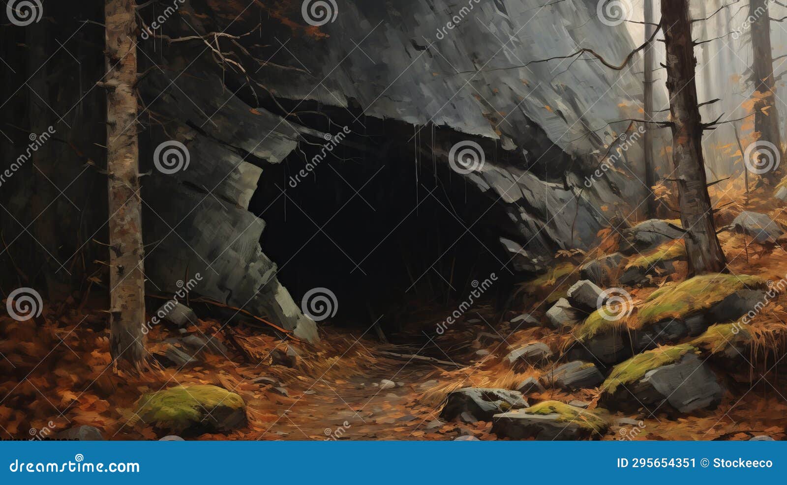 Hyper-realistic Painting Of A Dark Cave In The Forest Stock Image ...