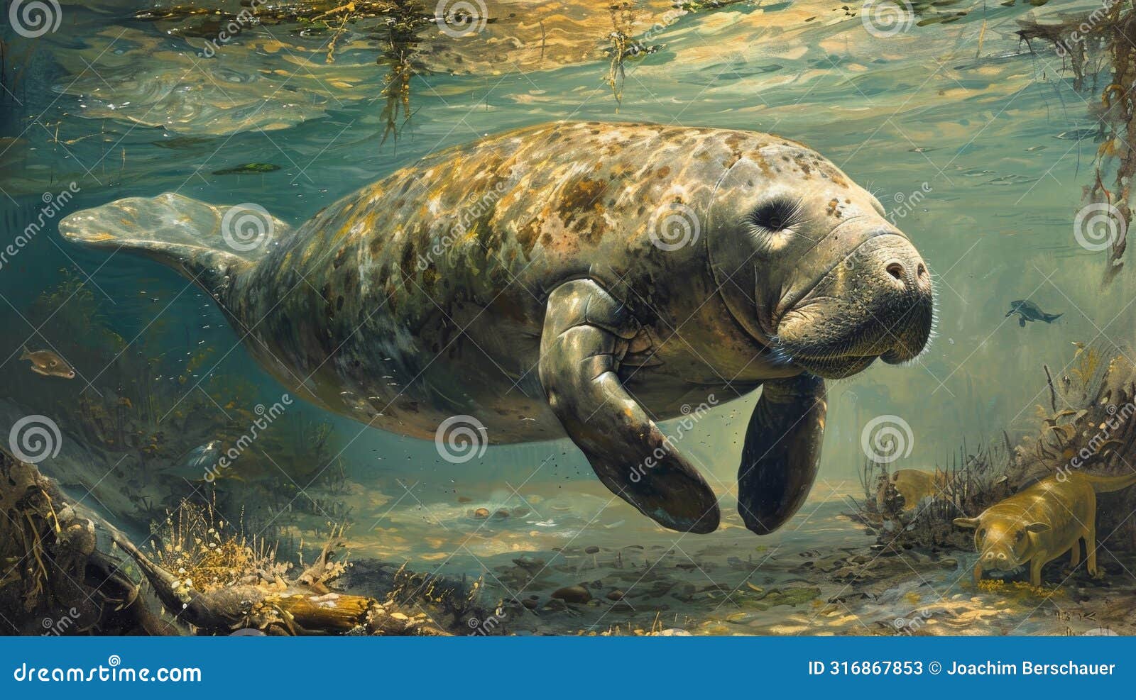 Hyper Realistic Painting of Manatee in Detailed Habitat with Clear ...