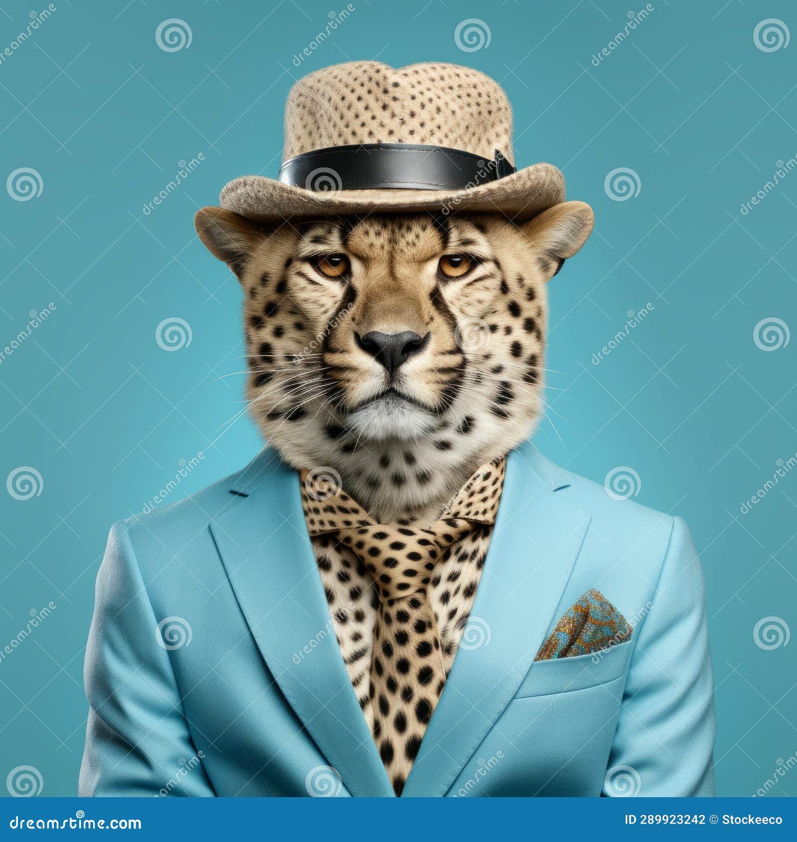 Hyper-realistic Portrait of Adorable Cheetah in Blue Suit Stock Photo ...