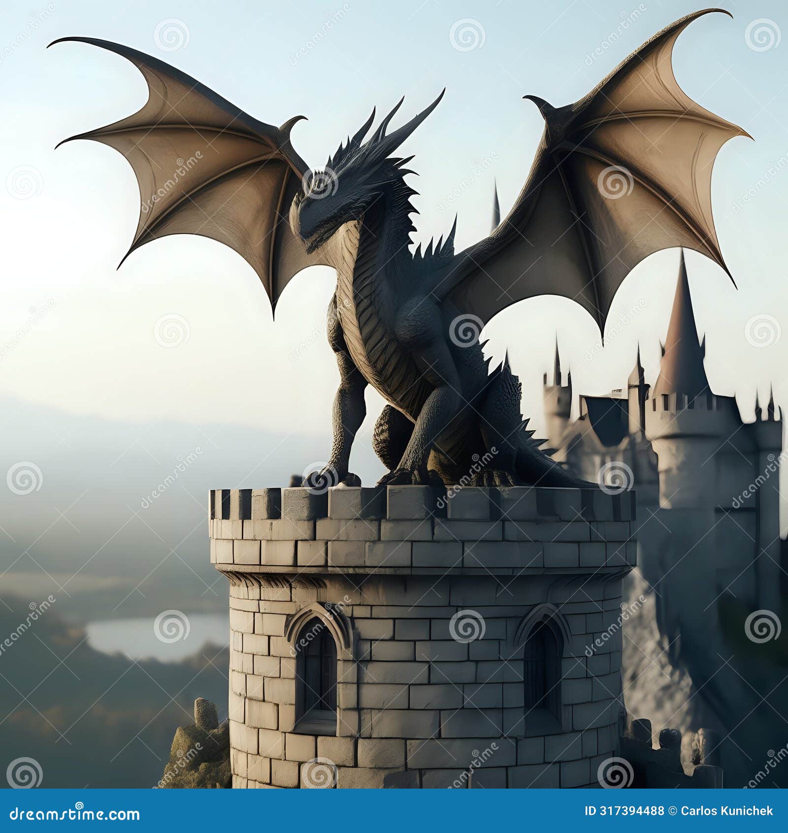 A Hyper-realistic Render of a Mythical Dragon Perched Atop a Medieval ...