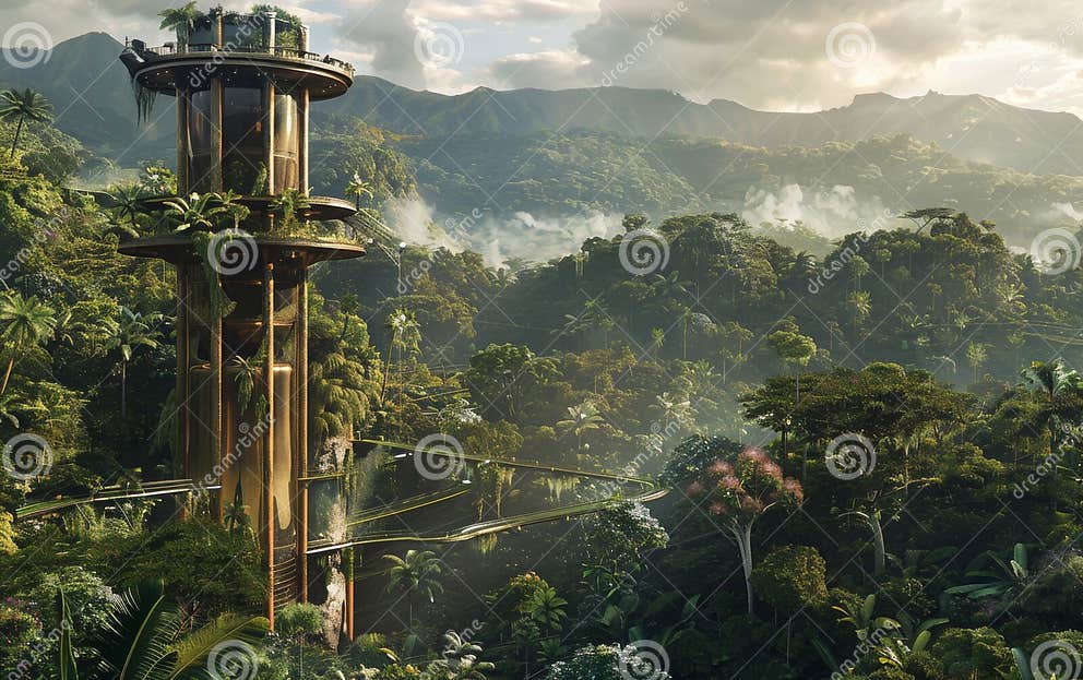 Hyper Realistic Rendering of a Carbon Capture Tower Towering Above a Lush Rainforest Stock ...