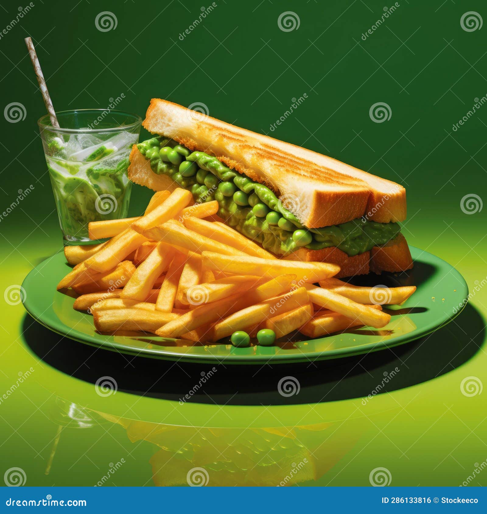 Hyper-realistic Rendering Of Sandwich, Chips, And Mushy Peas Stock ...