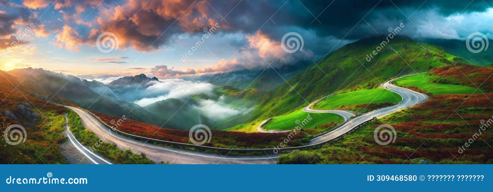 Sunset in the Mountains. Hyper-realistic Road Going into the Clouds ...